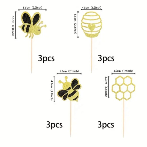 Party Supplies | 12pc Bumble Bee Cupcake Toppers Glitter Bee Honeycomb ...